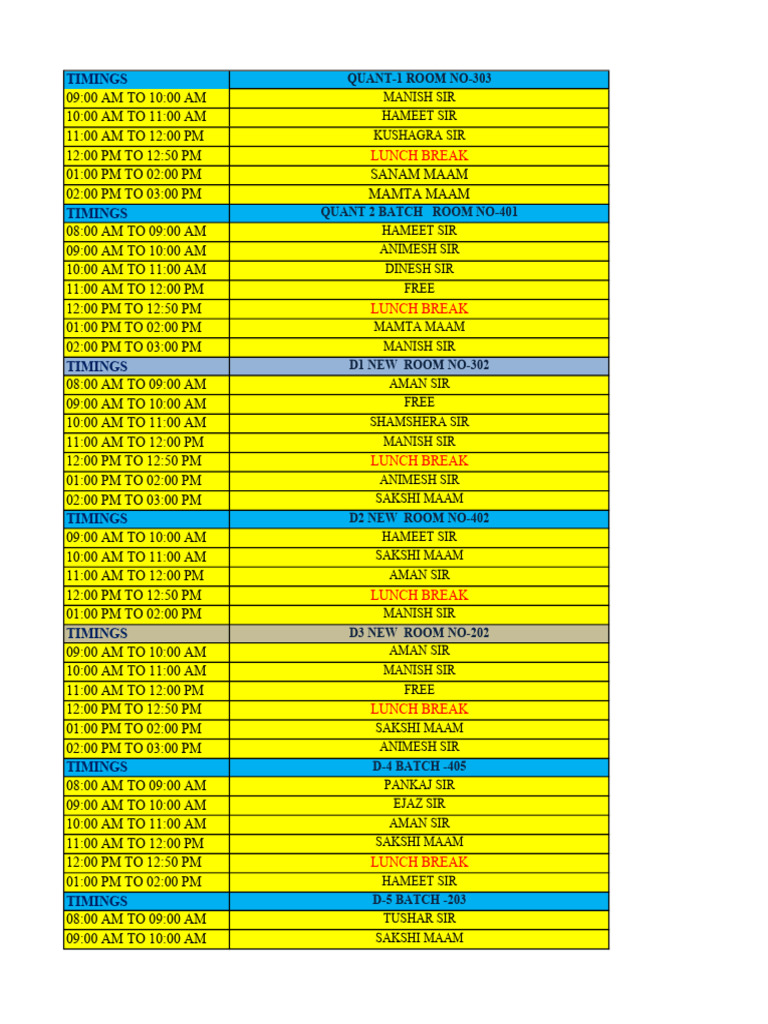 Time Table For Tomorrow Classes | PDF | Cooking, Food & Wine