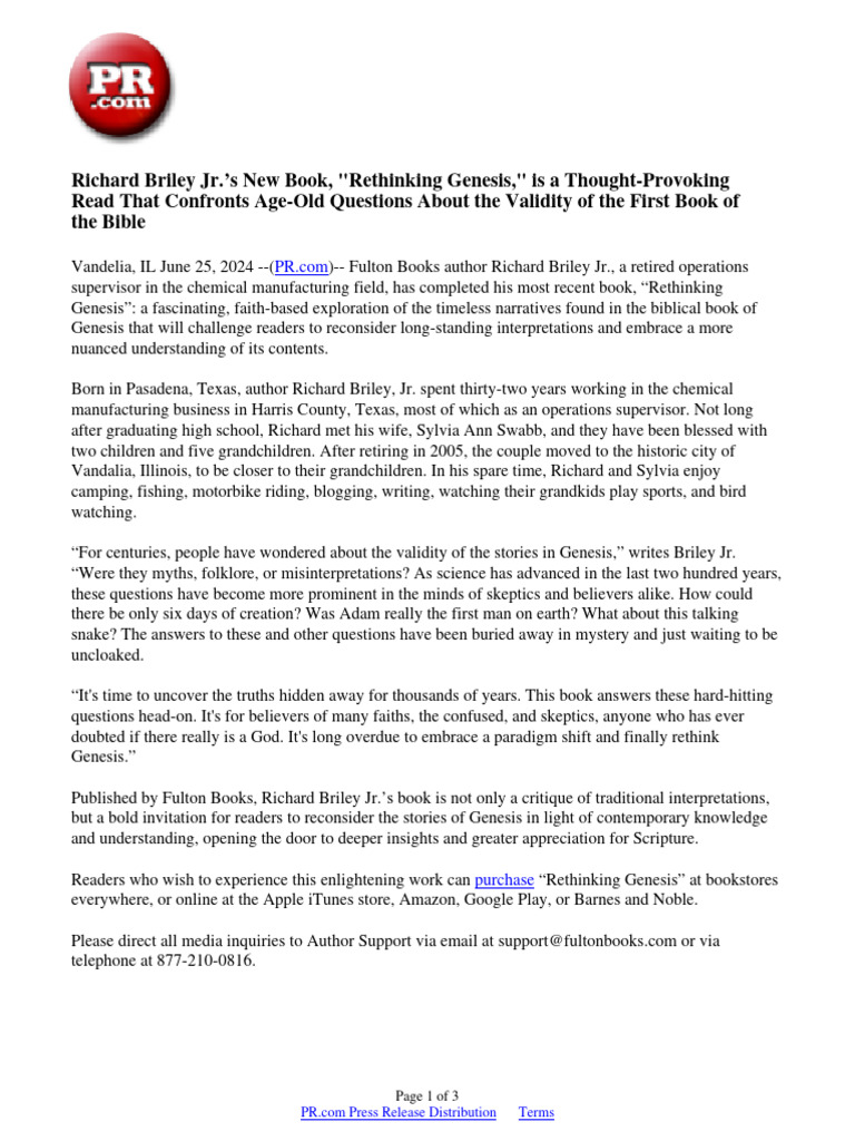 Richard Briley Jr.'s New Book, "Rethinking Genesis," Is A Thought ...
