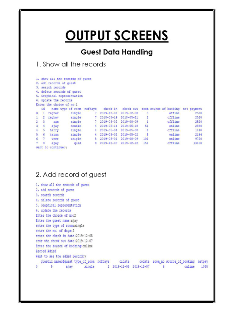 Output Screens: Guest Data Handling | PDF | Software Testing | Computer ...