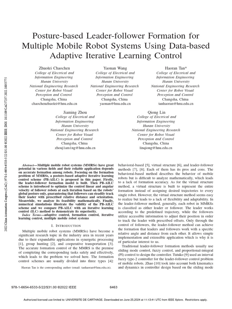 Posture-Based Leader-Follower Formation For Multiple Mobile Robot Systems Using Data-Based ...
