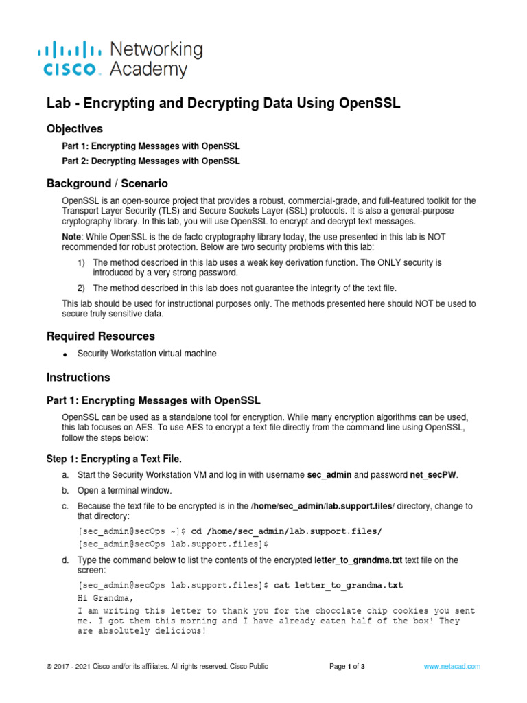 16.3.10 Lab - Encrypting and Decrypting Data Using Openssl | PDF | Encryption | Cryptography