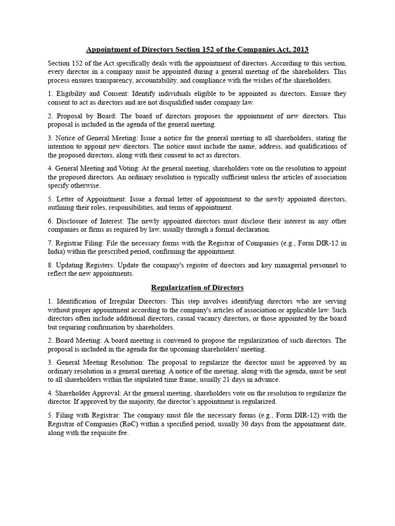 Appointment of Directors Section 152 of The Companies Act | PDF ...