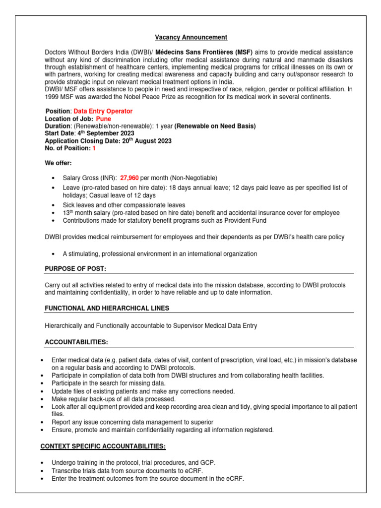 2023 08 Data Entry Operator ENDTB | PDF | Médecins Sans Frontières | Data