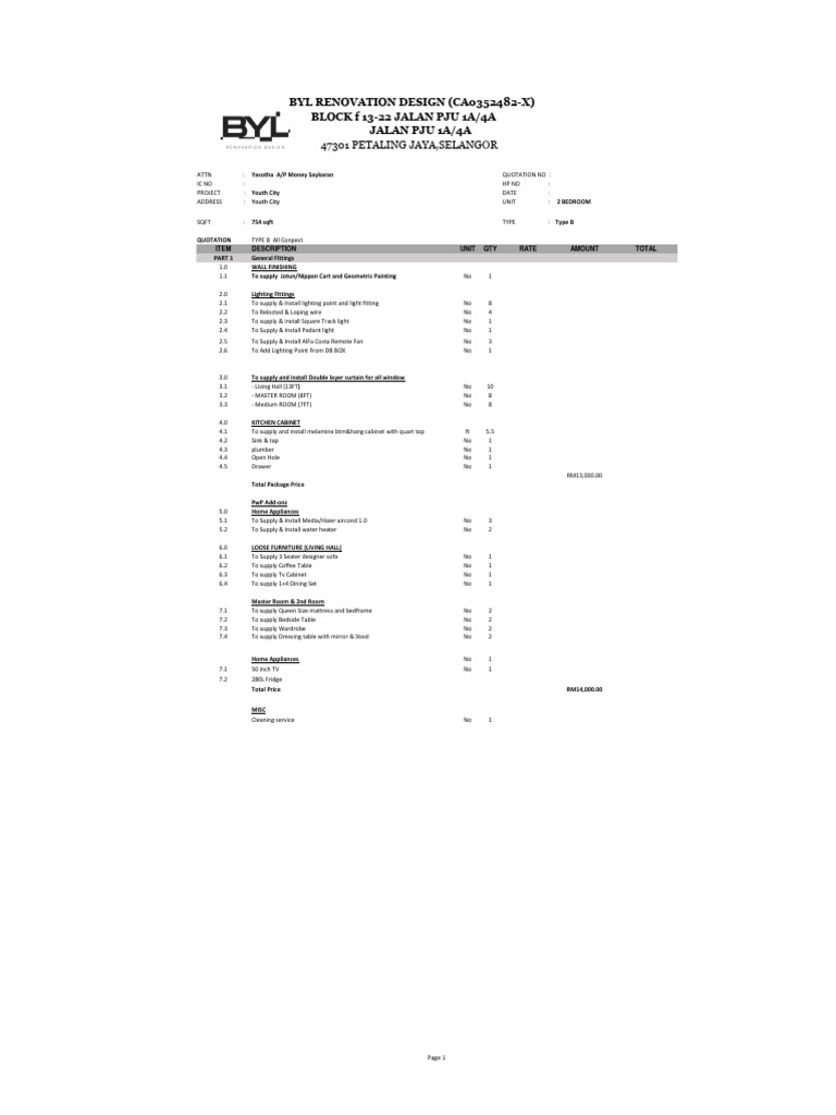 BYL Design Type B Full Package Quotation Mrs Vasugi | PDF