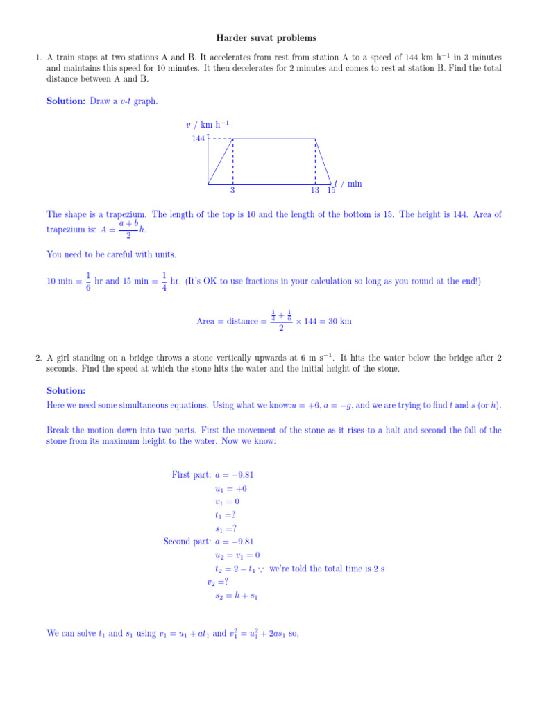 Suvat-Problems HW - Solutions | PDF | Acceleration | Motion (Physics)