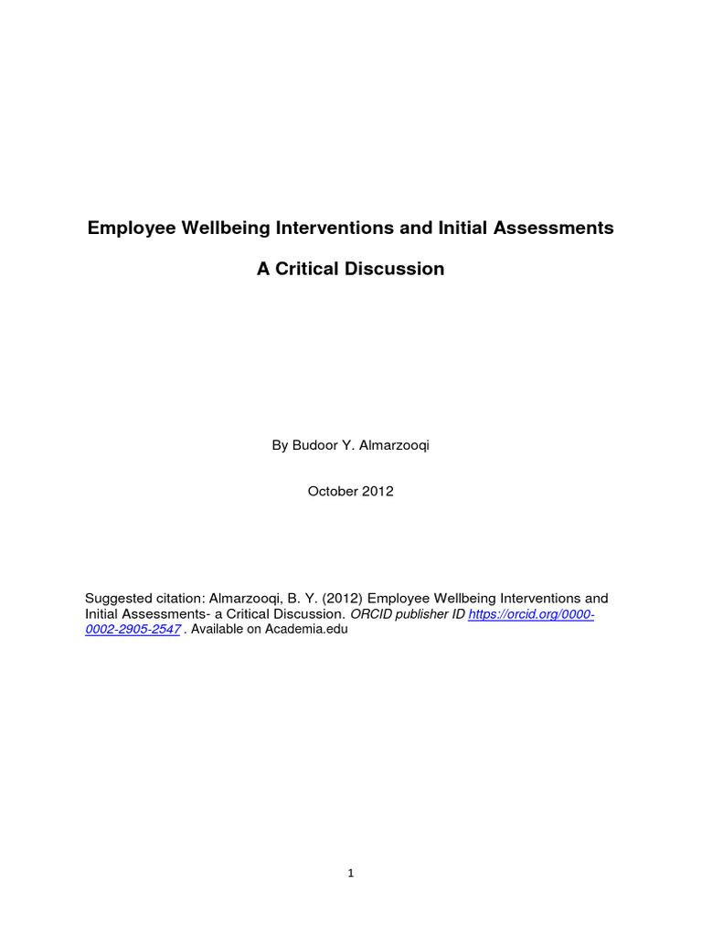Employee Wellbeing Interventions and Initial Assessments - A Critical ...