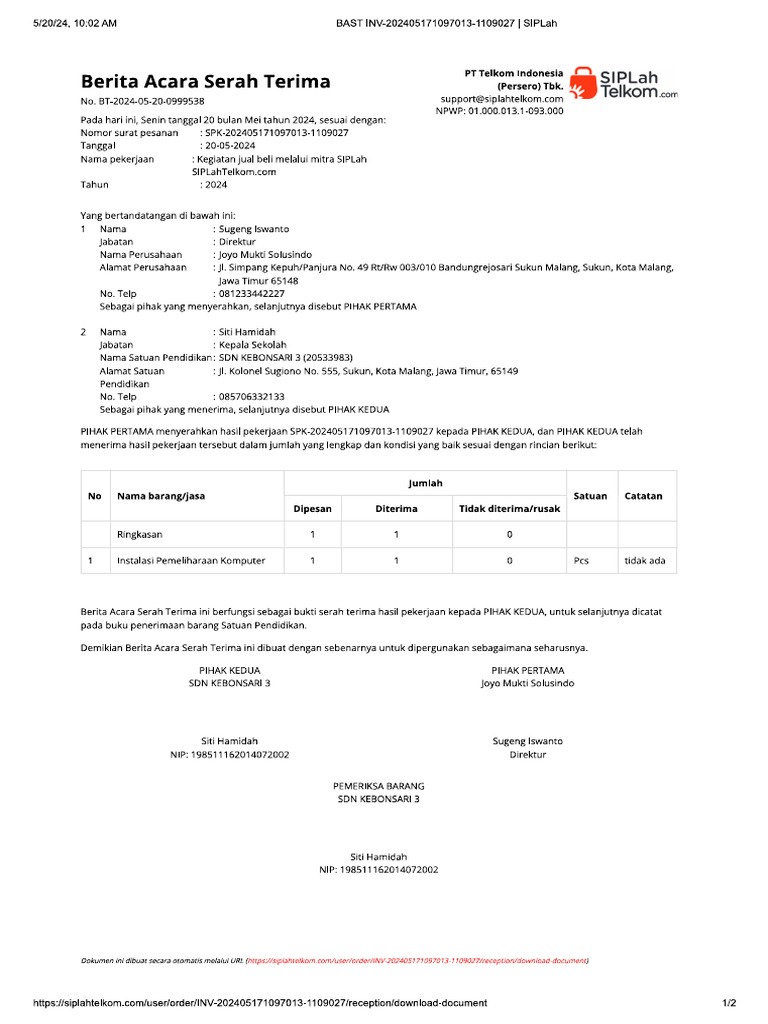 BAST Perawatan Komputer Mei | PDF