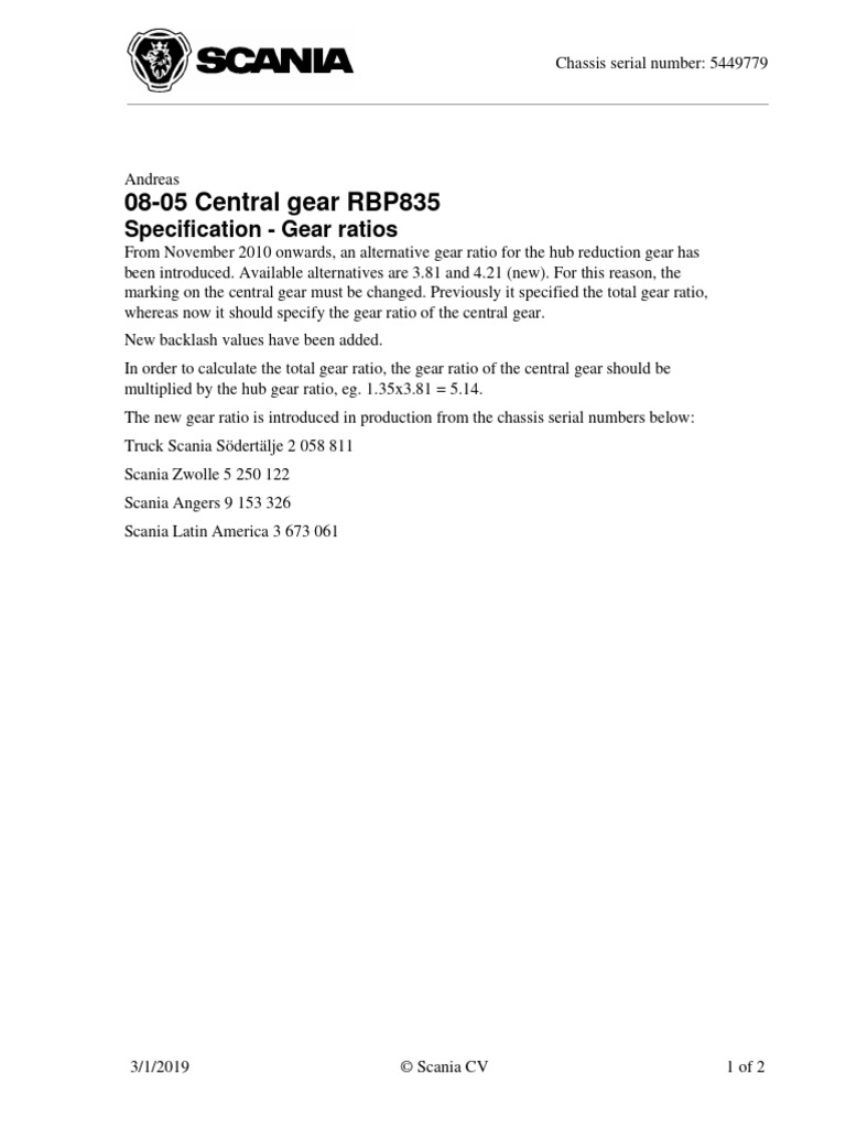 Scania RBP835 Gear Ratio Specifications | PDF