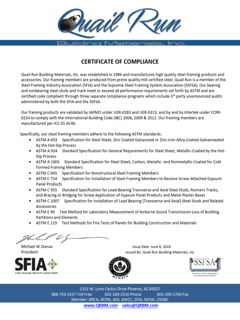 Certificate of Compliance 2016 | PDF | Steel | Civil Engineering