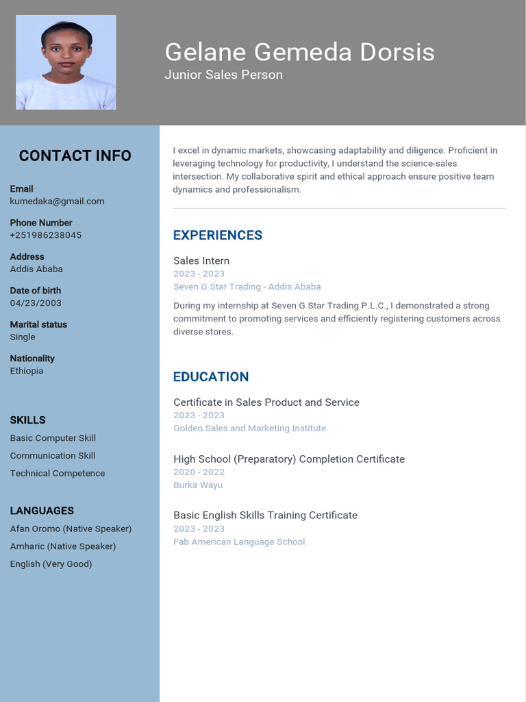 Gelane Gemeda Dorsis: Contact Info | PDF