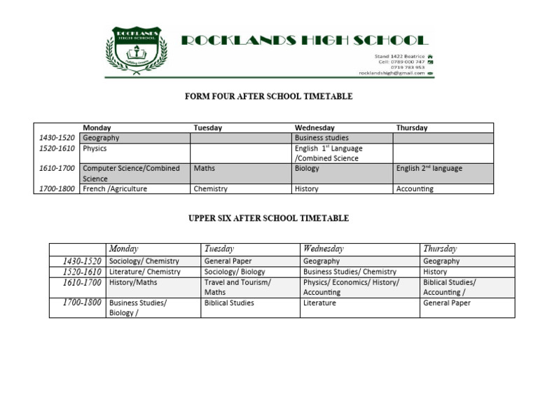 After School Timetable for Form Four & Upper Six | PDF