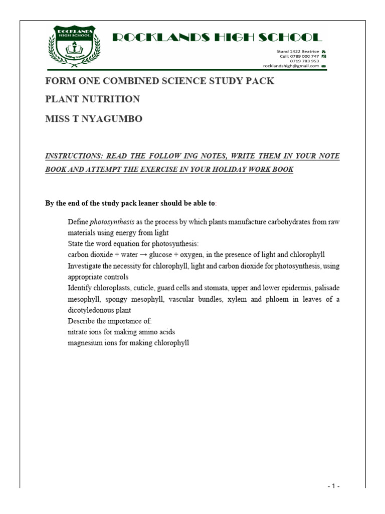 Form 1 Combined Science Study Pack | PDF | Leaf | Photosynthesis