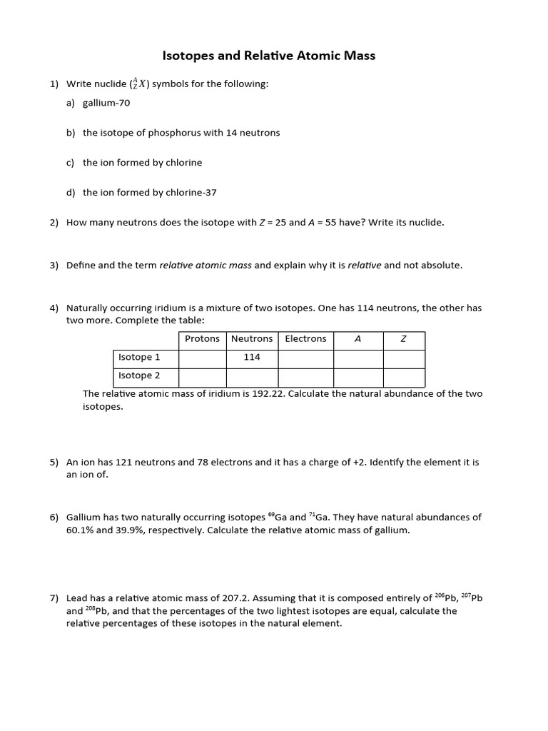 Isotopes and Relative Atomic Mass Questions (Without Answers) | PDF