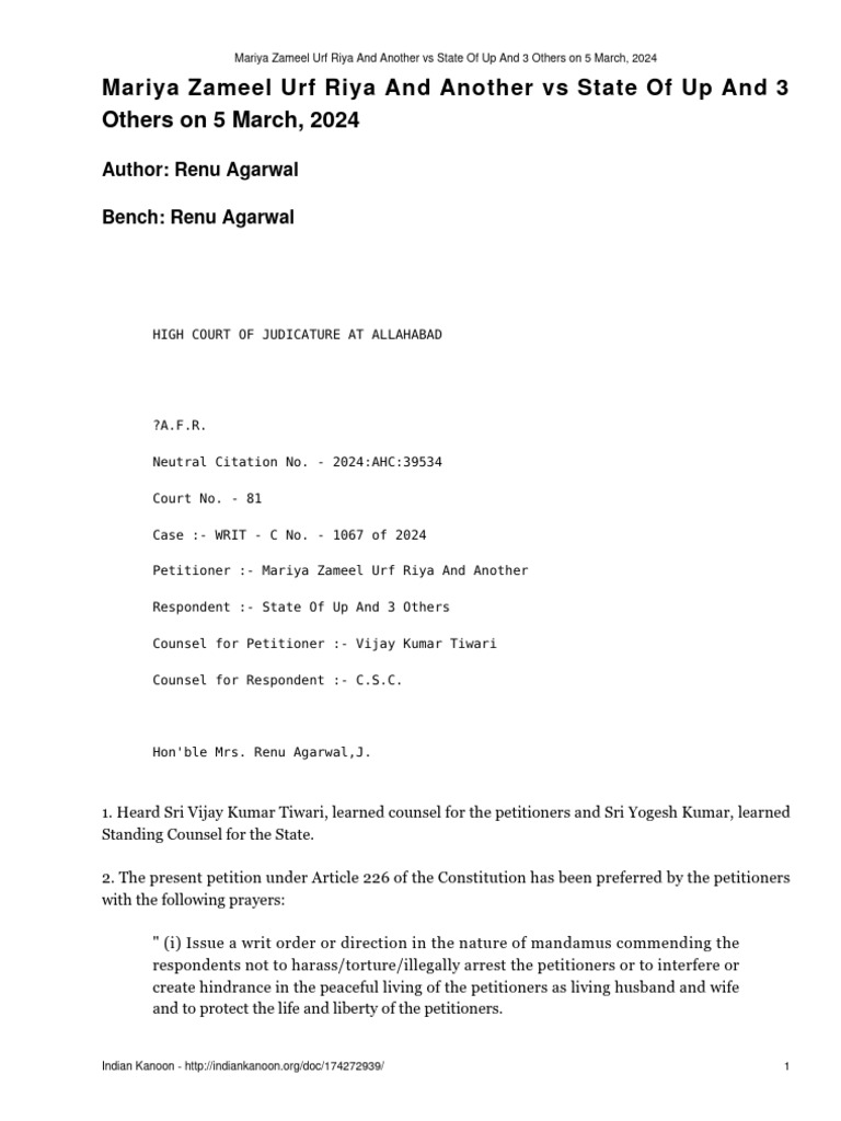 Mariya Zameel Urf Riya and Another Vs State of Up and 3 Others On 5 ...