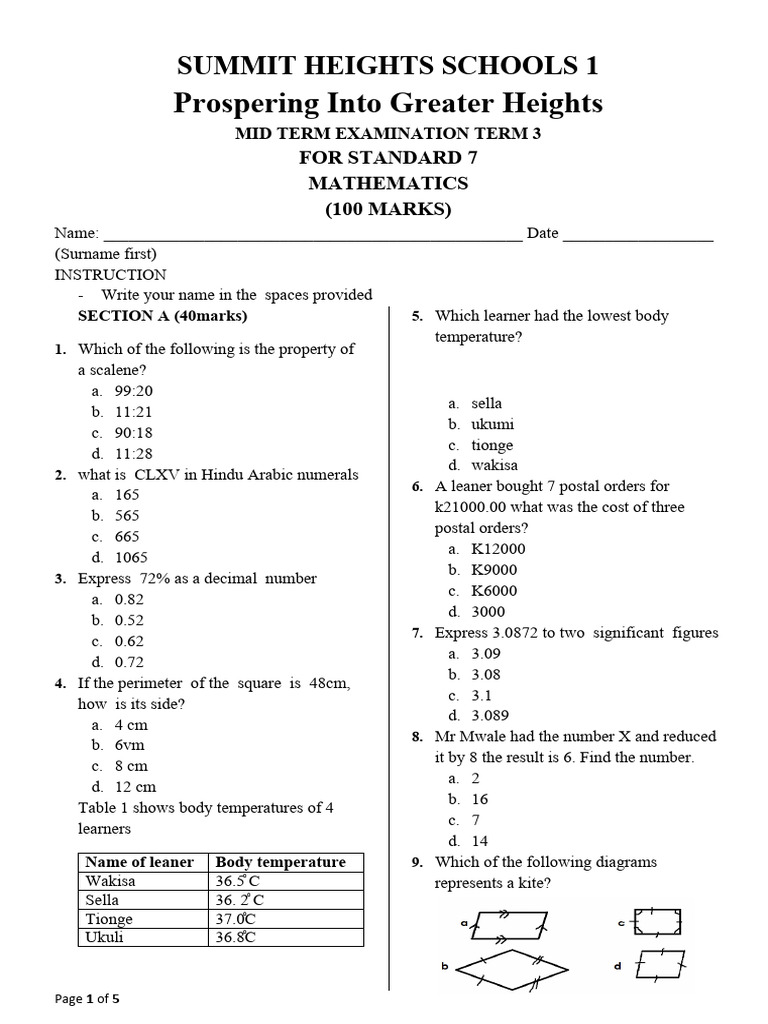 Math 7 Mid | PDF | Mathematics | Elementary Geometry