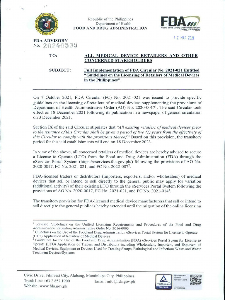 FDA Advisory No.2024 0539 | PDF