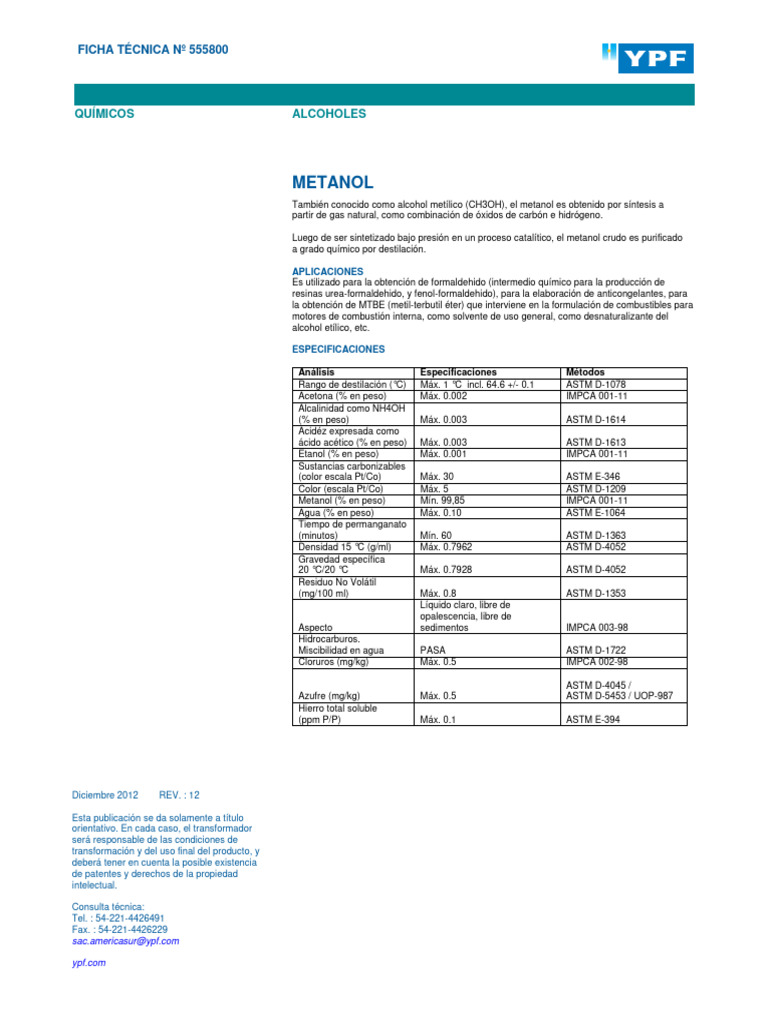 Metanol-Ypf-Imp-120-16 TDS | PDF | Metanol | Etanol
