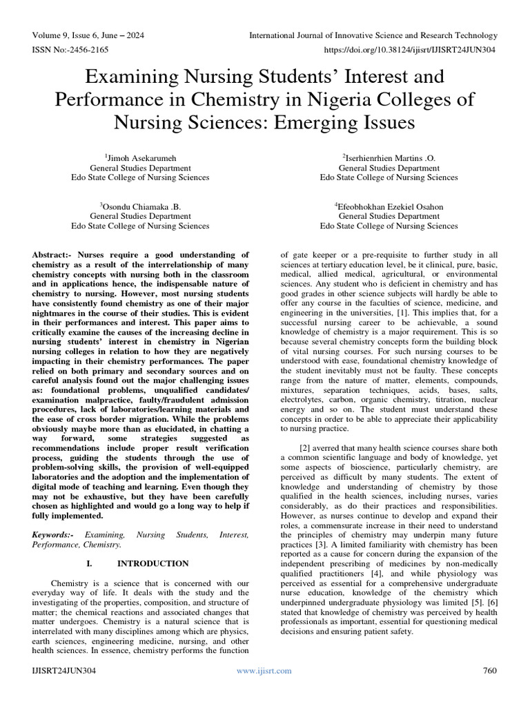 Examining Nursing Students' Interest and Performance in Chemistry in ...