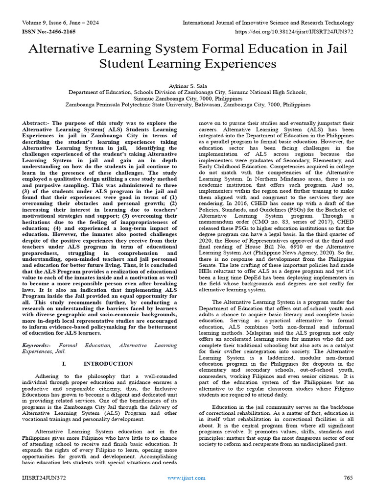 Alternative Learning System Formal Education in Jail Student Learning Experiences | PDF ...