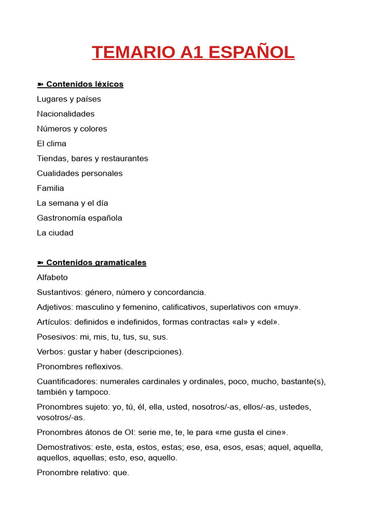 Temario A1 Español | PDF | Numero Gramatical | Verbo