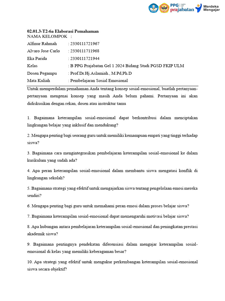 02.01.3-T2-6a Elaborasi Pemahaman - Pembelajaran Sosial Emosional - Kelompok PPL 1 (Grub 1 ...