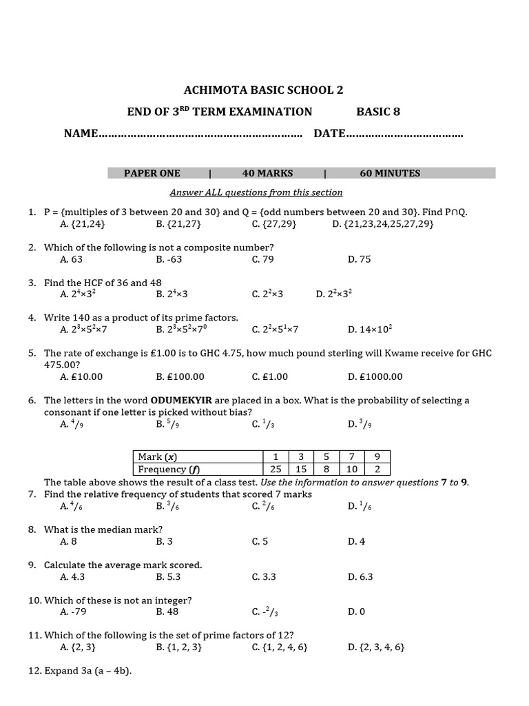 Maths B8 3RD Term Exams 2 | PDF | Odds | Inequality (Mathematics)