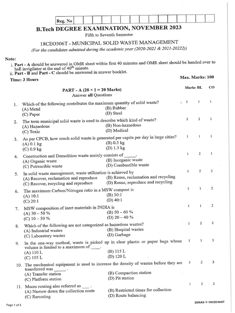 Solid Waste Management Question Paper | PDF