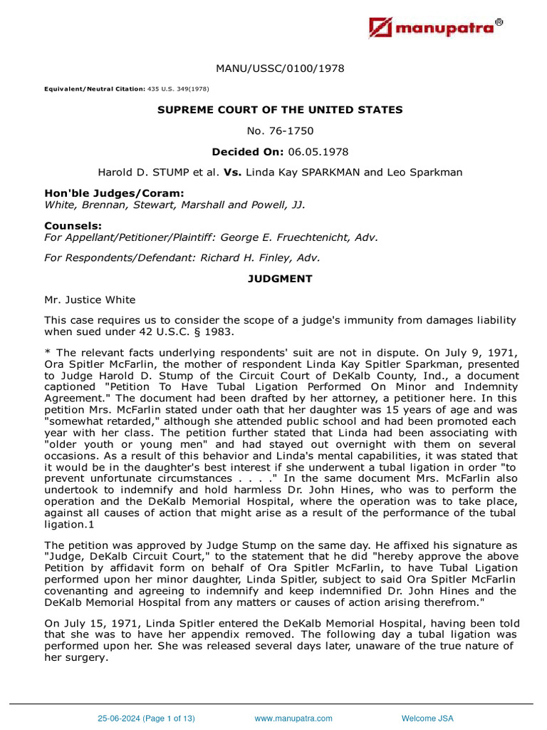 Harold D STUMP Et Al Vs Linda Kay SPARKMAN and LeoUSSC780100COM620176 ...