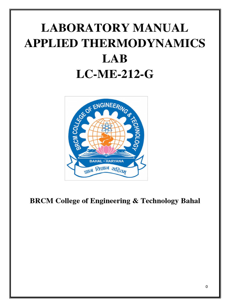 Laboratory Manual Applied Thermodynamics LAB LC-ME-212-G: BRCM College of Engineering ...