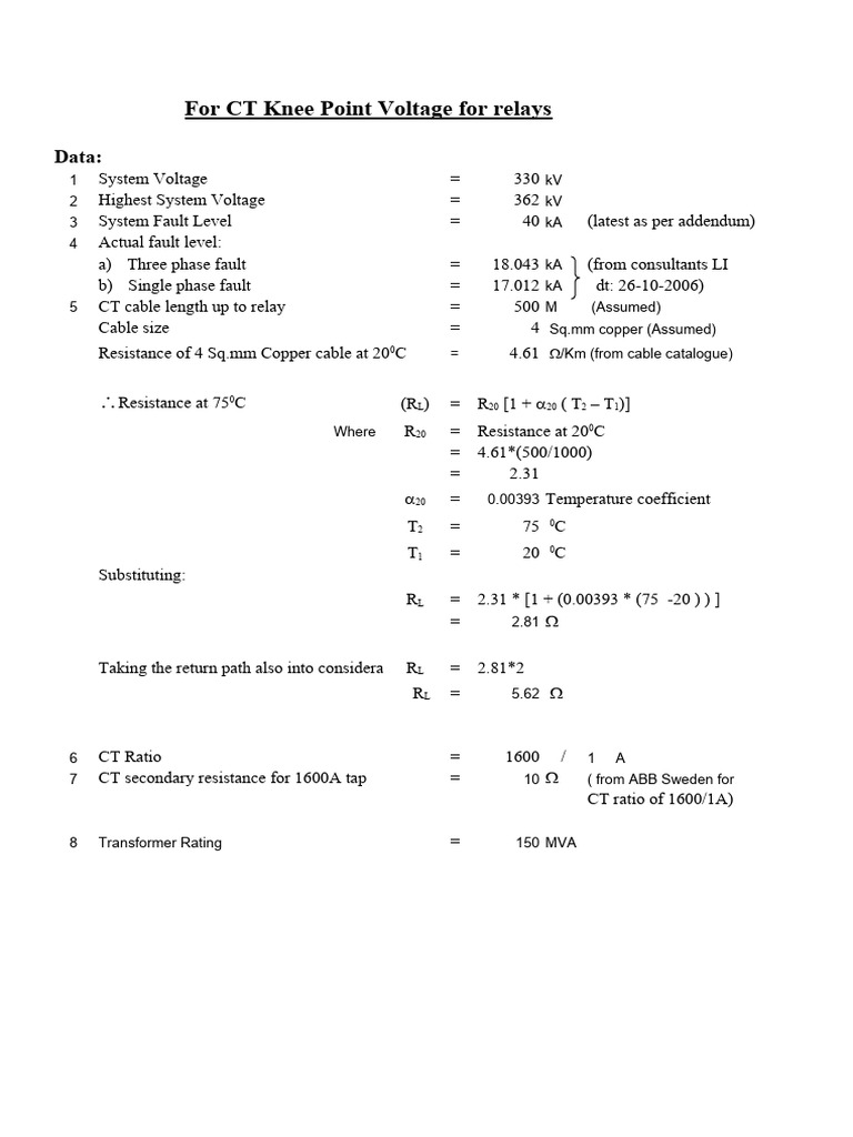 CT Knee Point Voltage Calculations | PDF | Electrical Resistance And ...