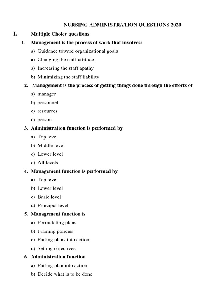 Nursing Administration MCQs 2020 | PDF | Leadership | Time Management