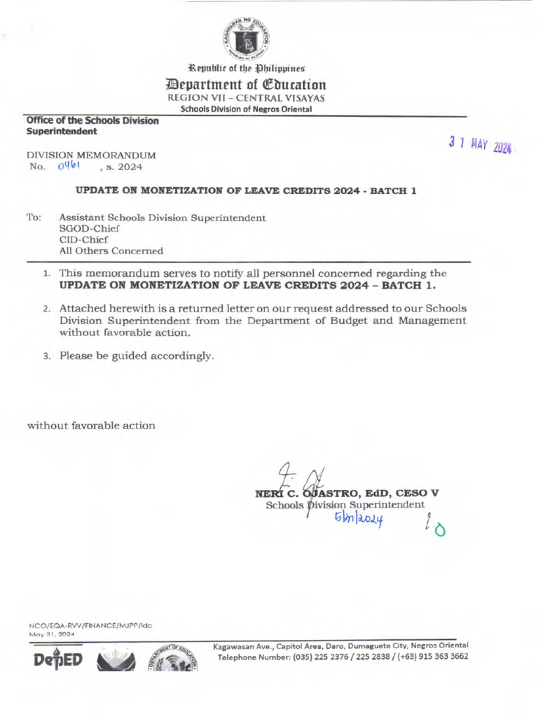 DM No. 0461 S. 2024 Update On Monetization of Leave Credits 2024-Batch 1 | PDF