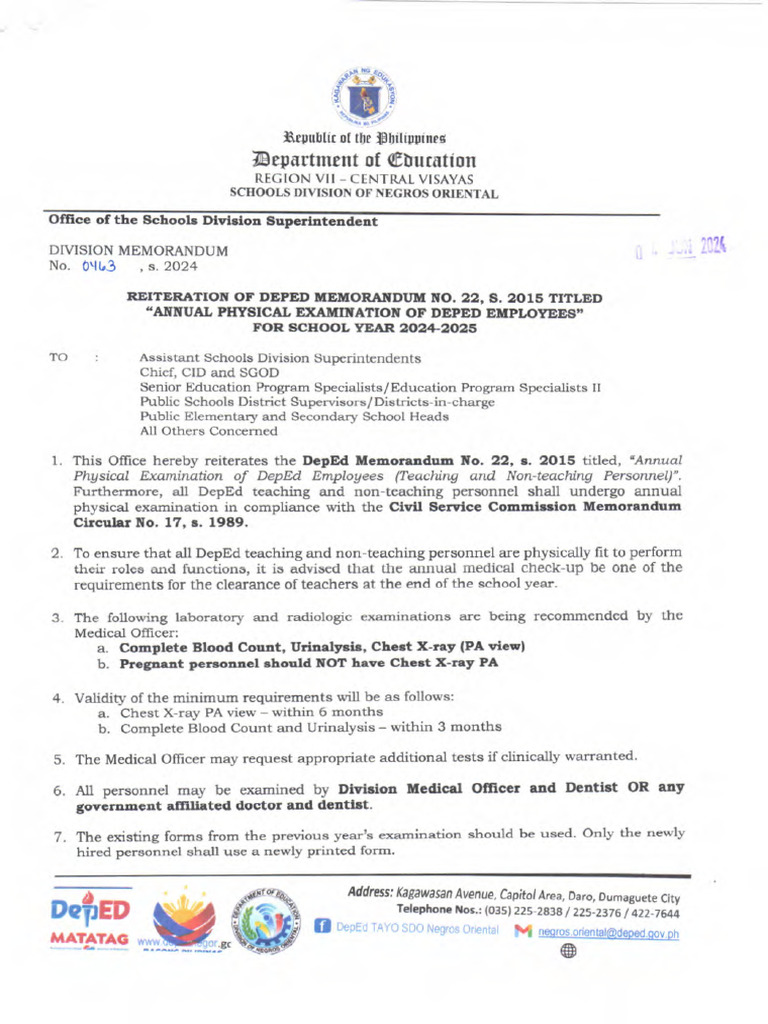 DM No. 0463 S. 2024 Reiteration of Deped Memorandum No. 22 S. 2015 ...