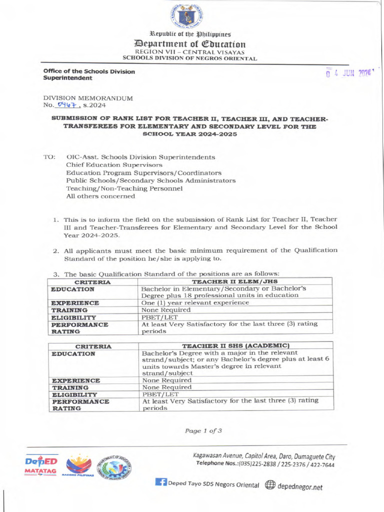 DM No. 0467 S. 2024 Submission of Rank List For Teacher II Teacher III ...