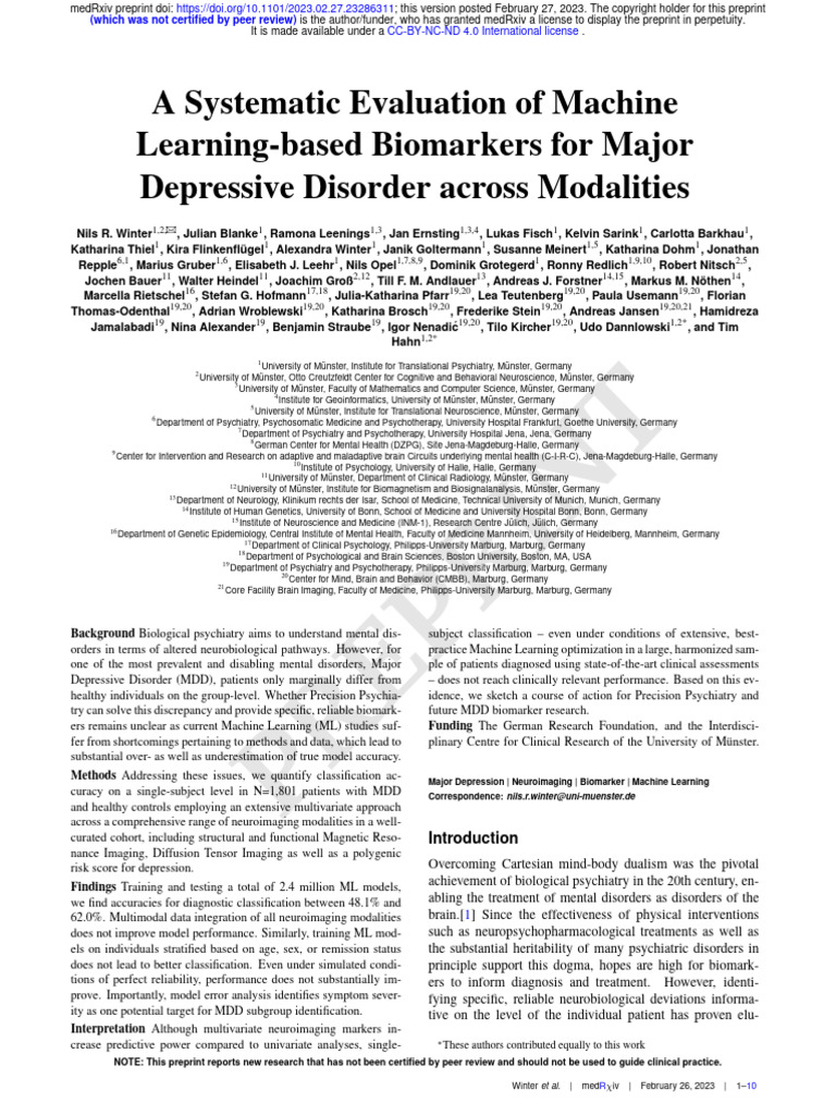 A Systematic Evaluation Of Machine Learning Based Biomarkers For Major Depressive Disorder