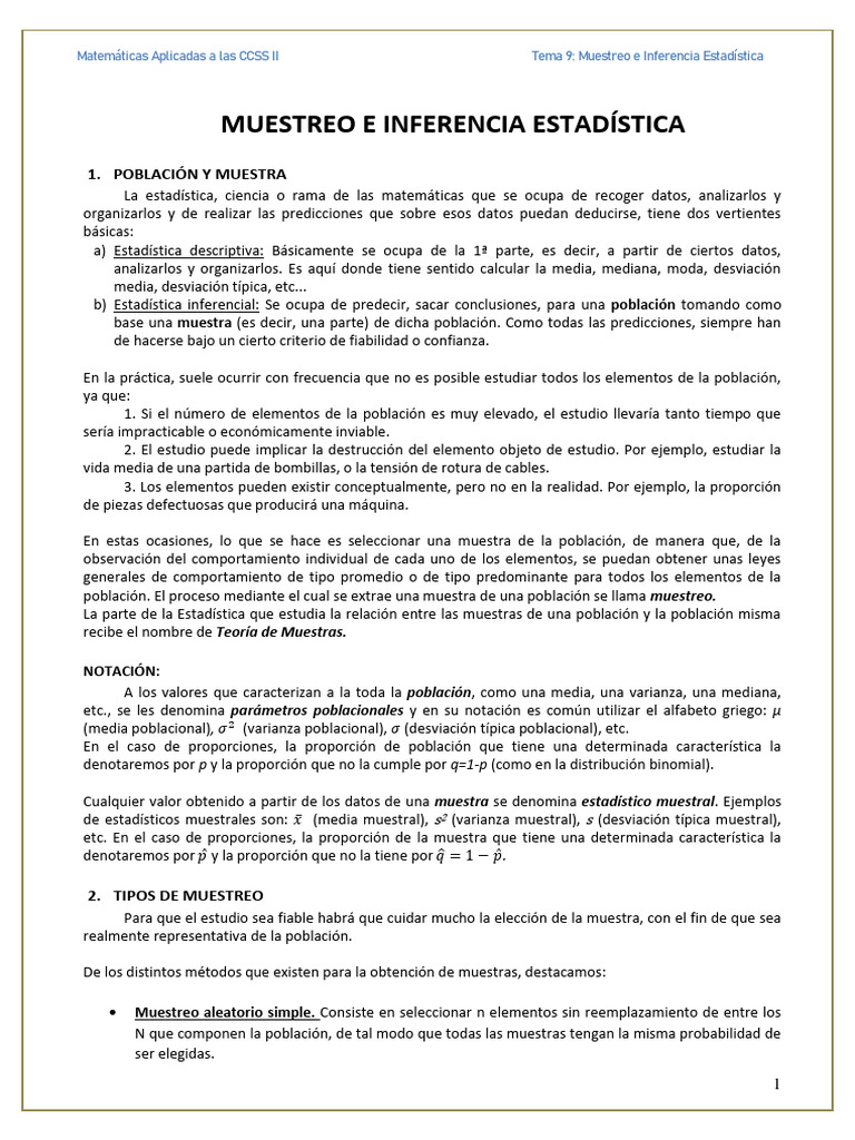 Tema 9_muestreo e Inferencia Estad-stica Ccss | PDF | Muestreo (Estadísticas) | Media