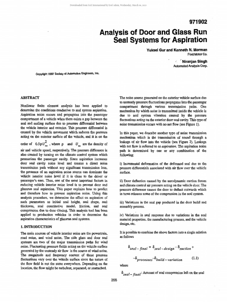 Analysis of Door and Glass Run Seal Systems For Aspiration: Motor Co ...