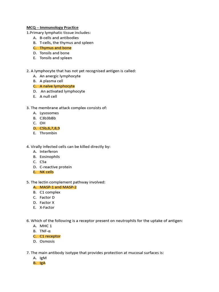 Immunology MCQ Practice Questions | PDF | T Helper Cell | T Cell