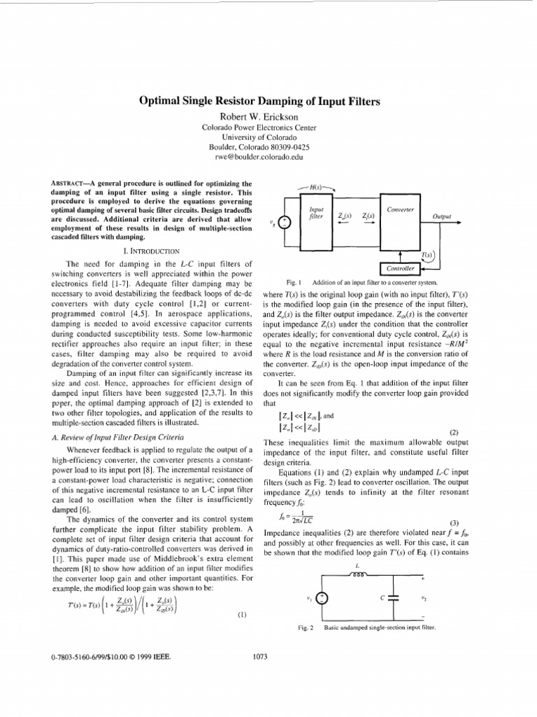 Optimal Single Resistor Damping Input Filters: Robert W. Erickson | PDF ...