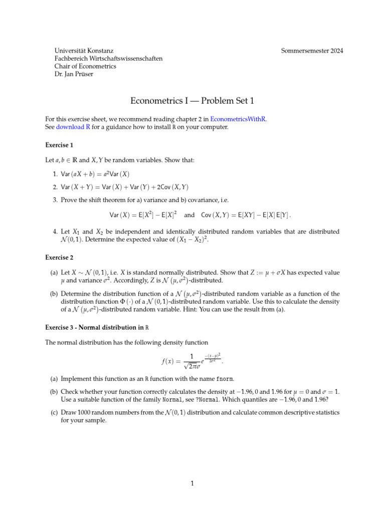 Econometrics I - Problem Set 1: Econometricswithr Download R | PDF | Variance | Normal Distribution