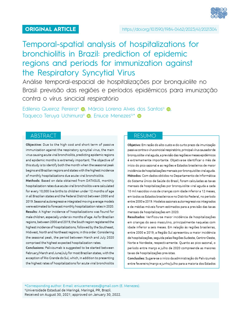 Temporal Spatial Analysis Of Hospitalizations For Bronchiolitis In Brazil Prediction Of Epidemic