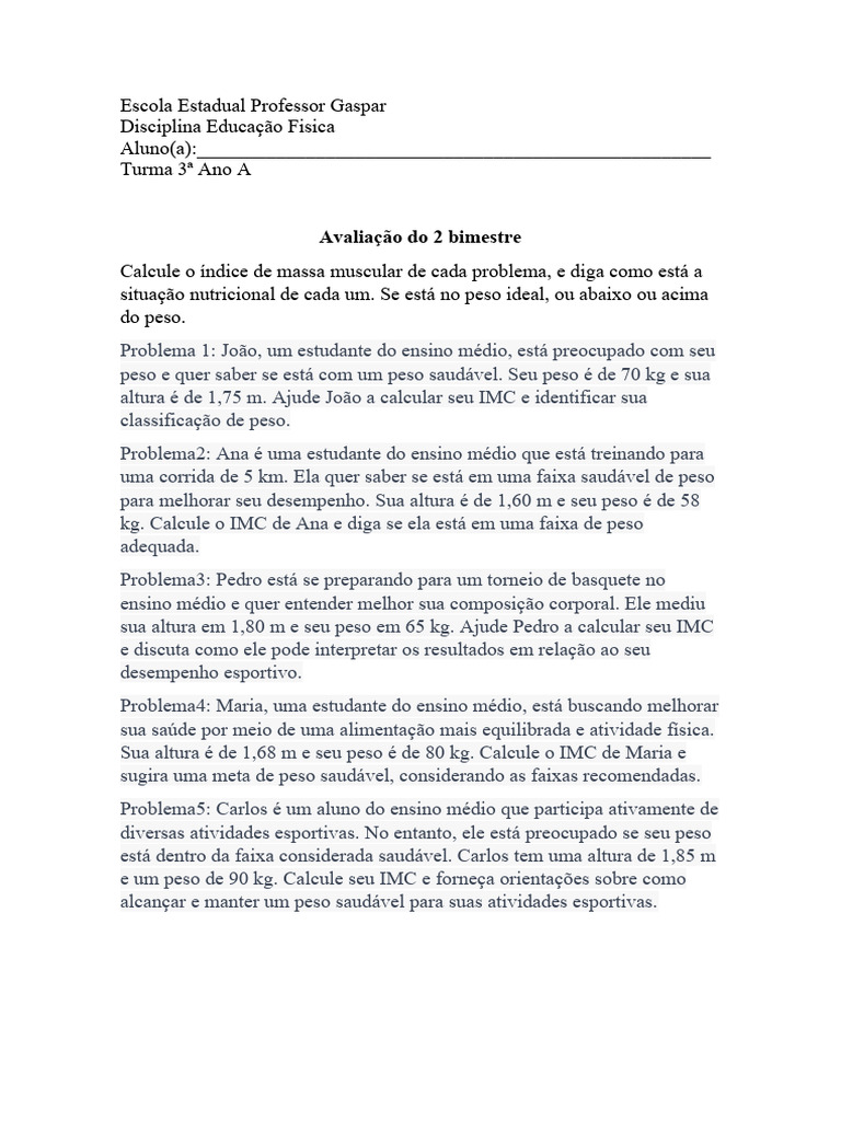 Atividade sobre Indice de massa muscular | Download grátis PDF | Índice ...