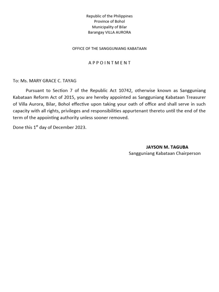 Appointment Letter For Treasurer and Secretary | PDF