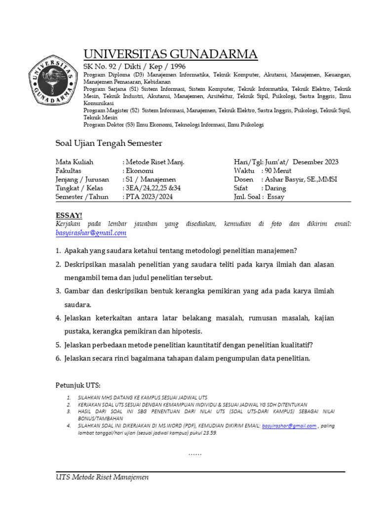 Soal UTS - METODE RISET MANAJEMEN 23 24 | PDF | Seni