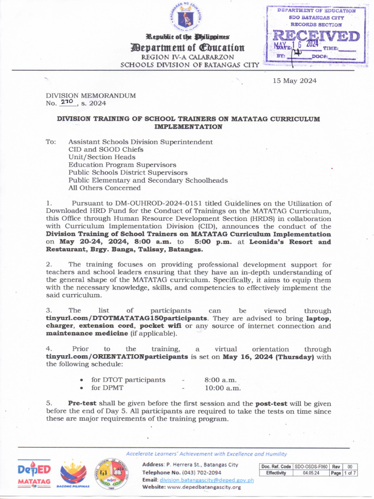 Division Memorandum No. 270, s.2024 Division Training of School ...