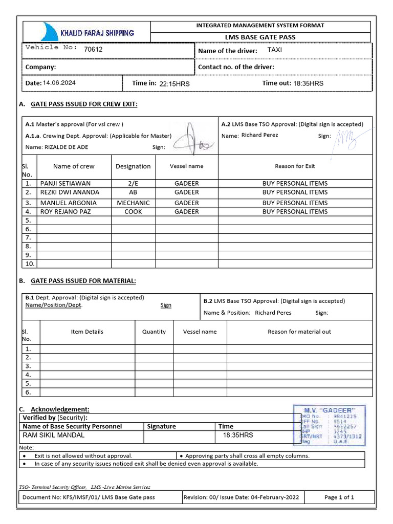 GATE PASS LCT Gadeer 14.06.2024 - CREW | PDF