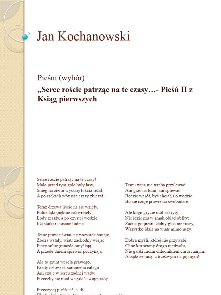 Jan Kochanowski Piesn II Z Ksiag Poerwszych Serce Roscie Patrzac Na Te ...