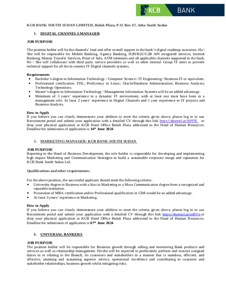 KCB Bank South Sudan Job Openings | PDF | Computer Security | Security