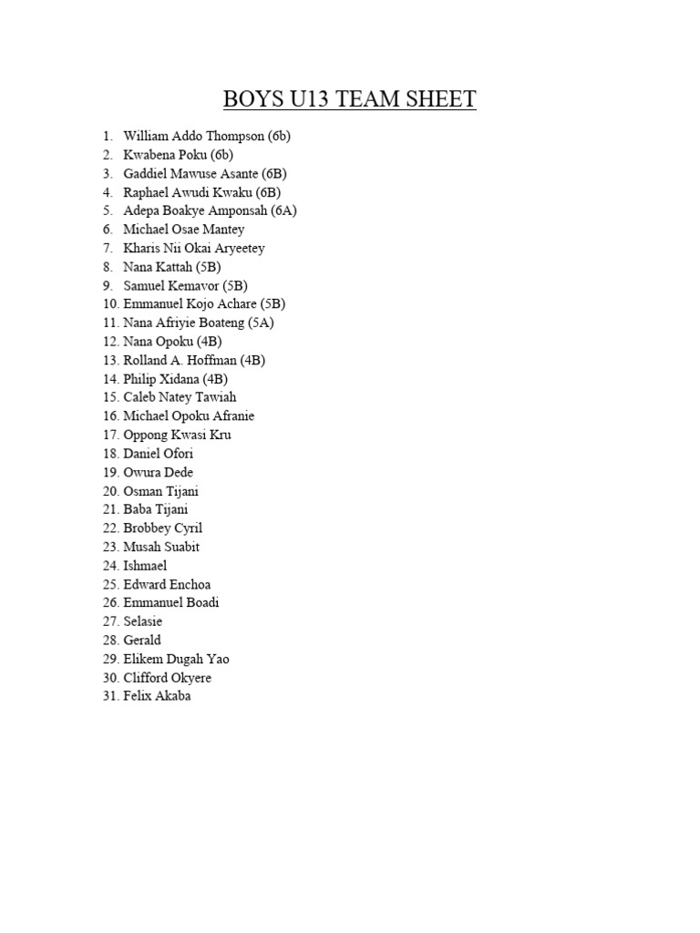 Boys U13 Team Sheet | PDF | Sports & Recreation | Travel