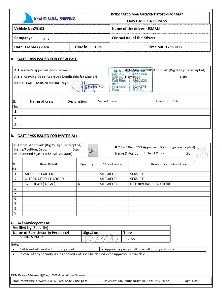 1 LMS BASE GATE PASS Material - LCT Sheweleh 14.05.2024 | PDF